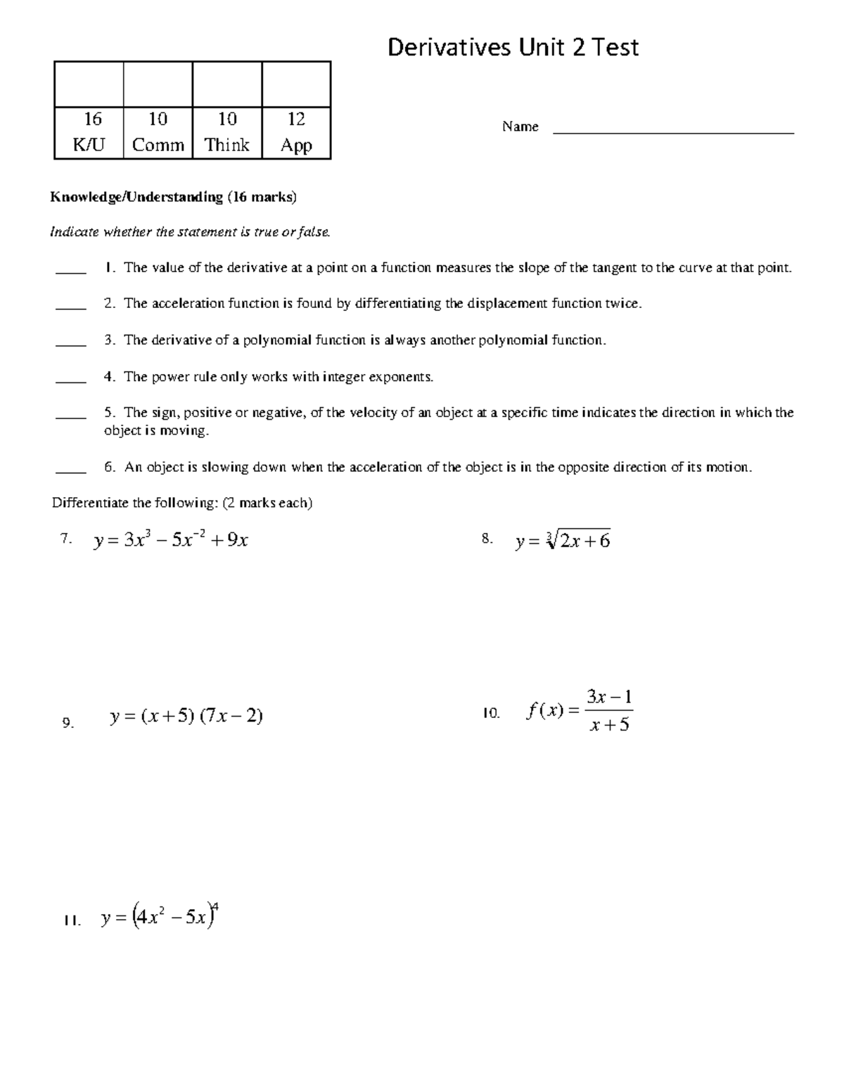 1610982630-MCV4U- Unit 2 test Derivatives - y 3 x 5 x 9 x 3 2 3 y 2 x 6 ...