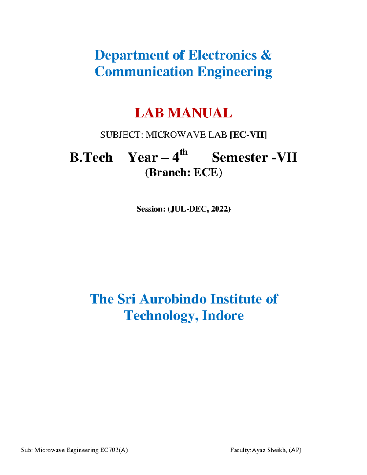 Microwave-lab-Manual - Sub: Microwave Engineering EC702(A) Faculty:Ayaz ...