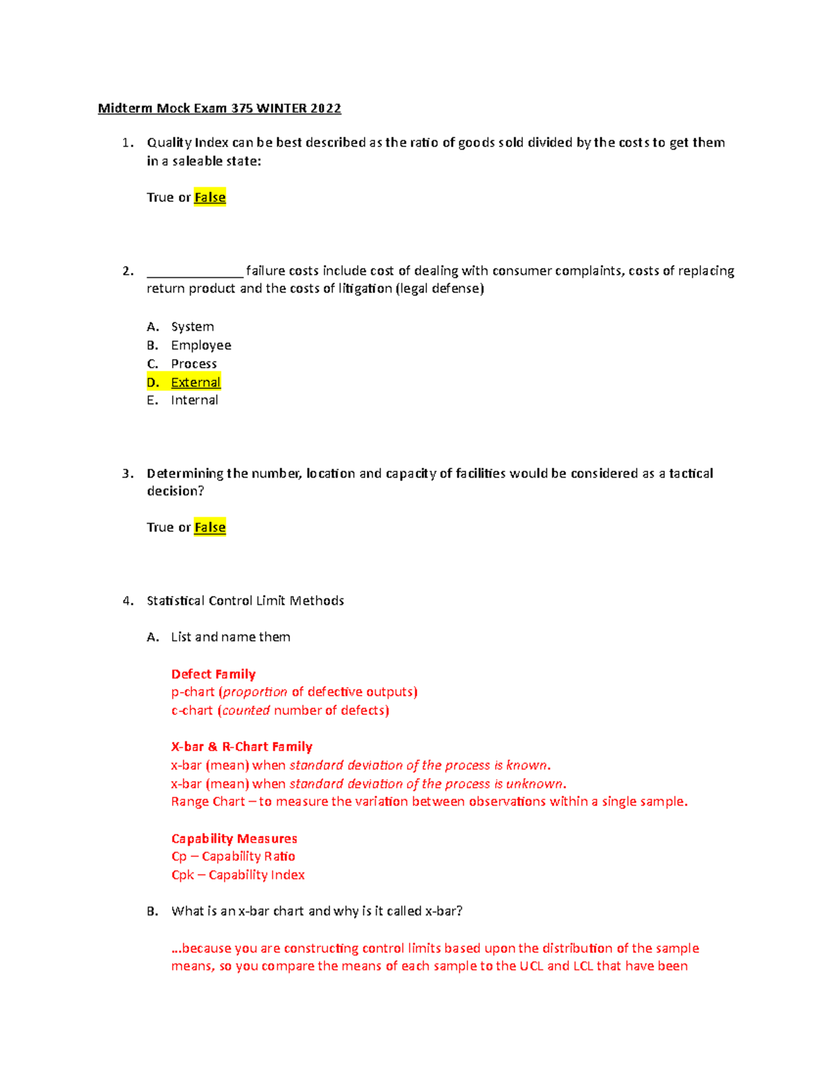 BU375 W22 - MOCK Midterm Exam Solutions - Midterm Mock Exam 375 WINTER 2022 Quality Index can be ...