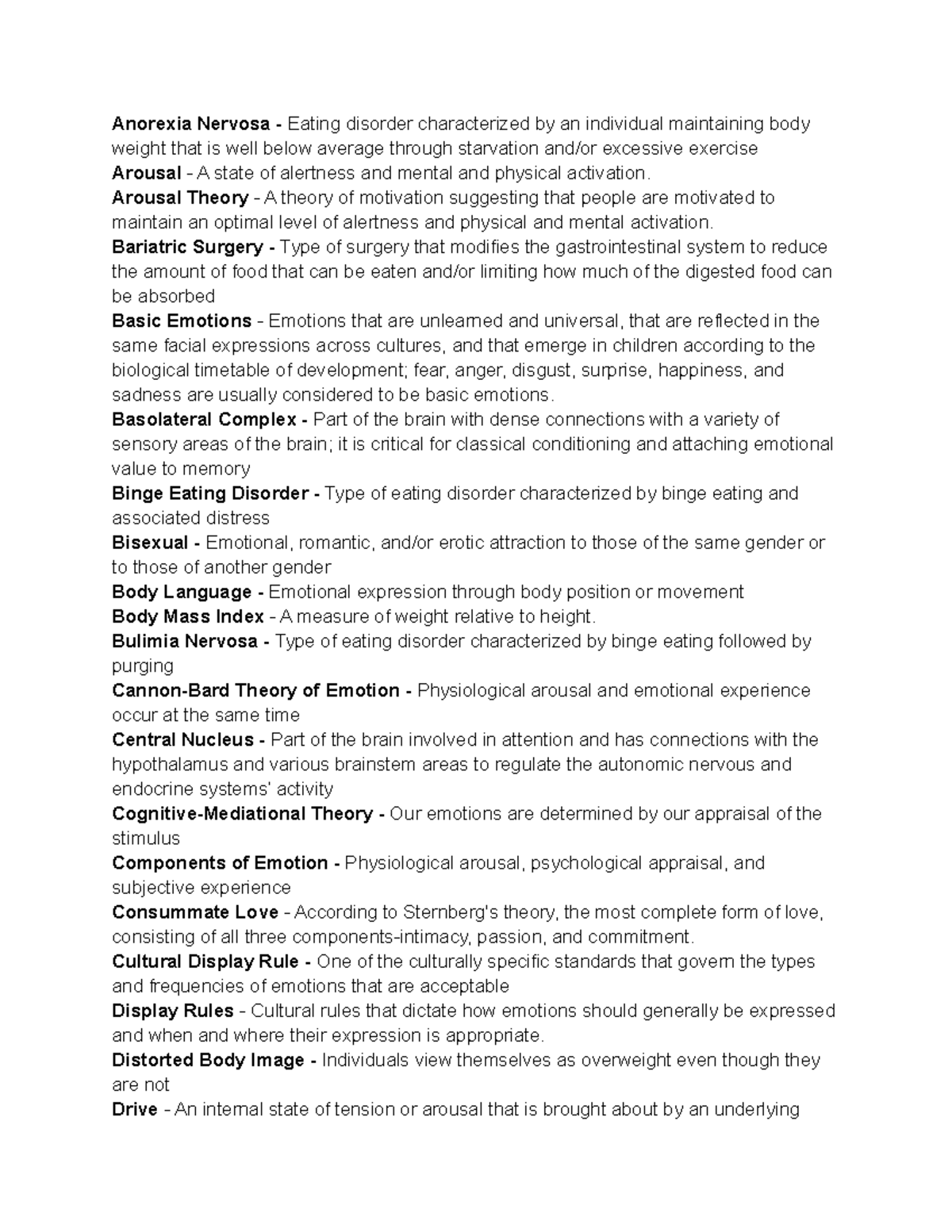 Introduction to Psychology - Emotion and Motivation - Chapter 10 Notes ...