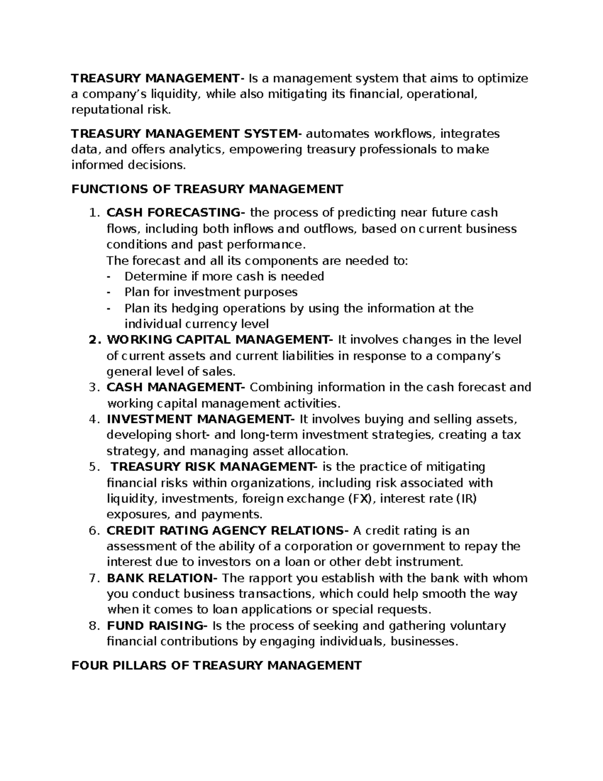 Lecture TM1 - TREASURY MANAGEMENT- Is a management system that aims to ...