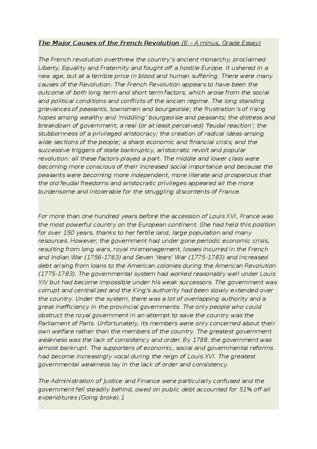 The Major Causes of the French Revolution B to A- Grade - The Major ...