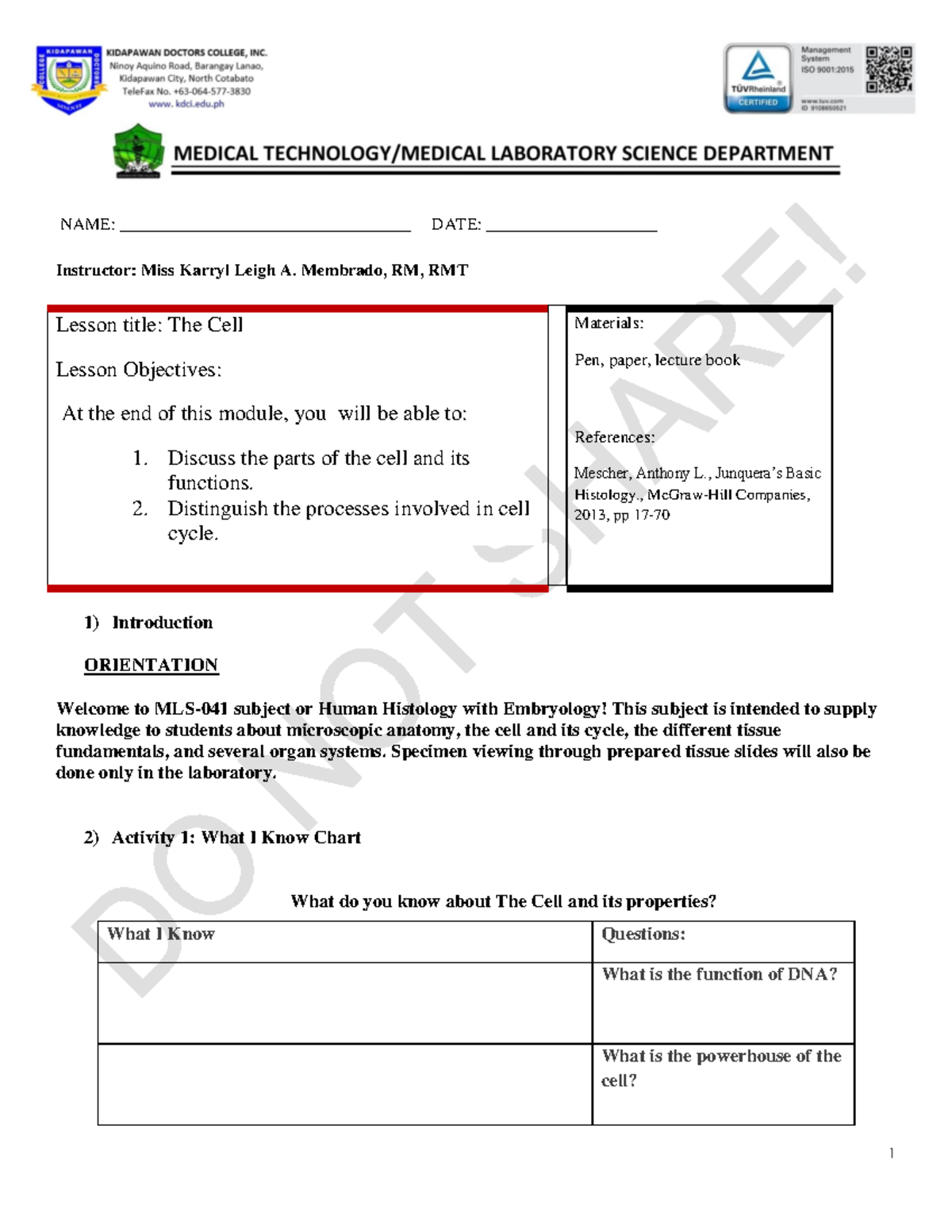 WEEK 1 - The Cell - NAME: __________________________________ DATE ...