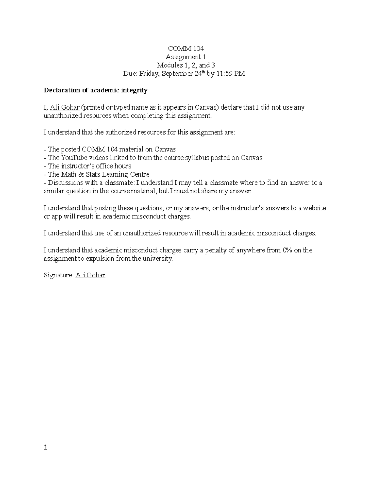 Comm 104 Assignment 1 - COMM 104 Assignment 1 Modules 1, 2, and 3 Due: Friday, September 24th by ...