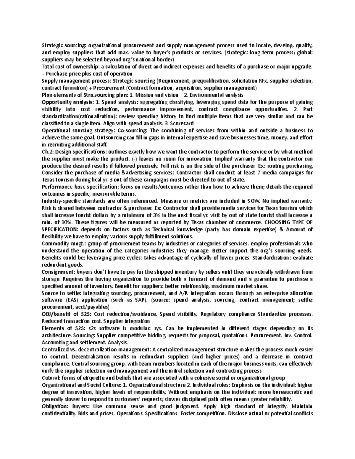 SCMA 439 Cheat Sheet - Strategic sourcing: organizational procurement and supply management ...