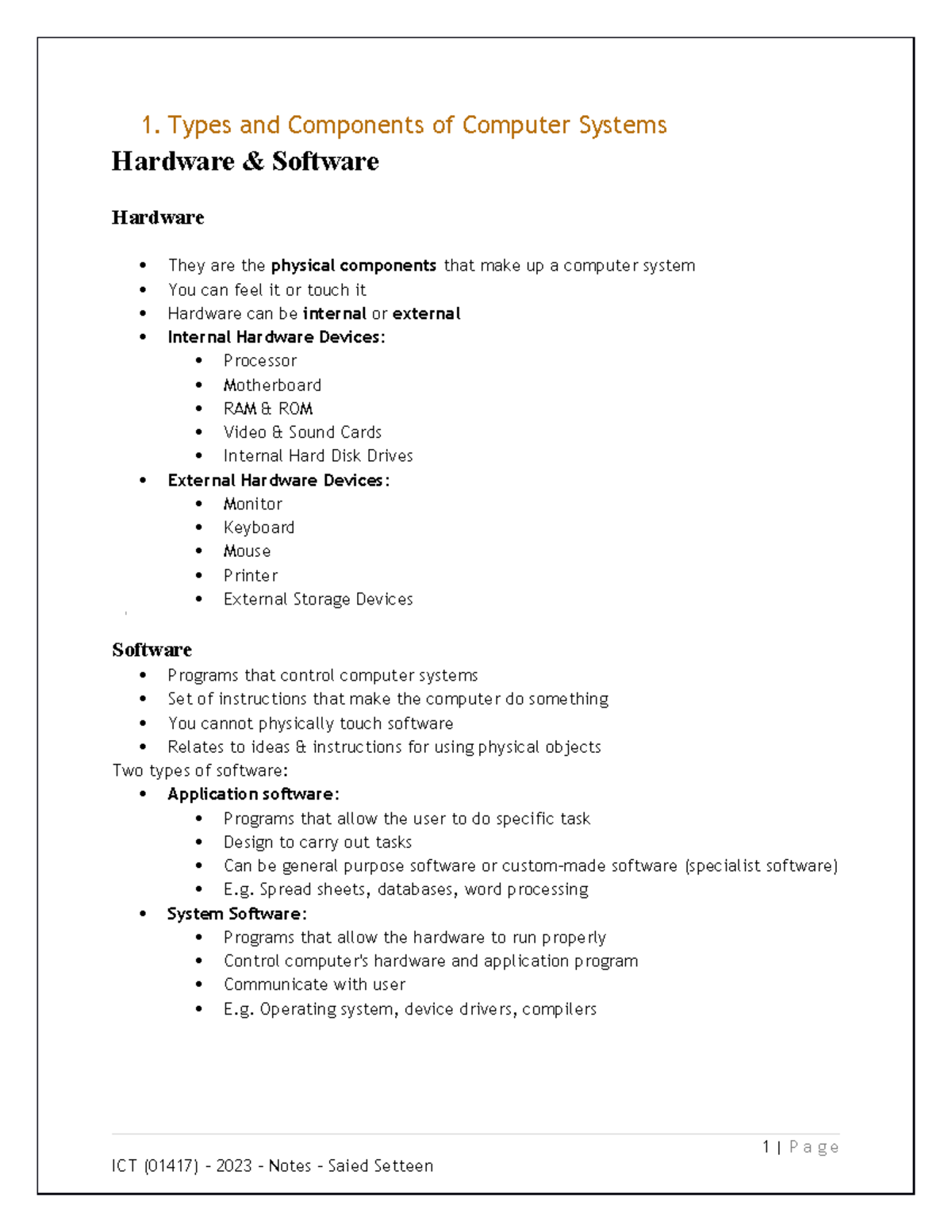S60 - ICT 0417 - Notes V0 - 1. Types and Components of Computer Systems ...