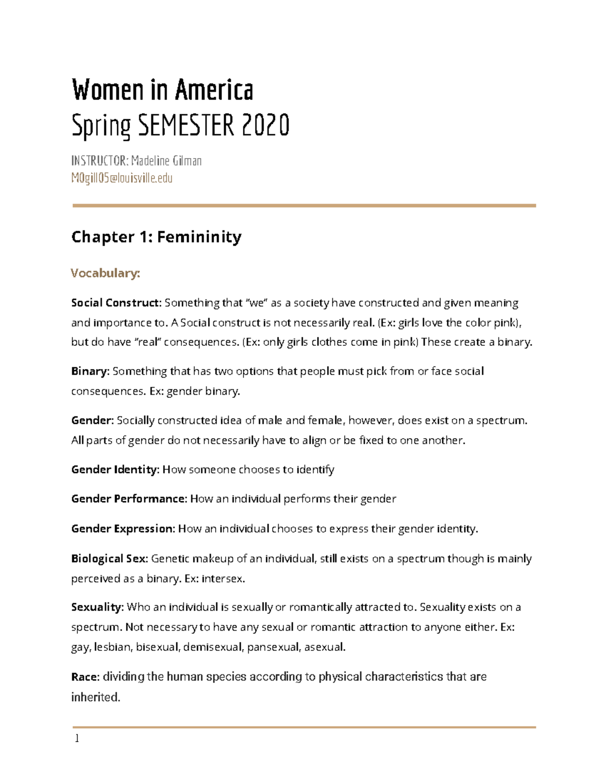 Women in America Notes - Women in America Spring SEMESTER 2020 ...