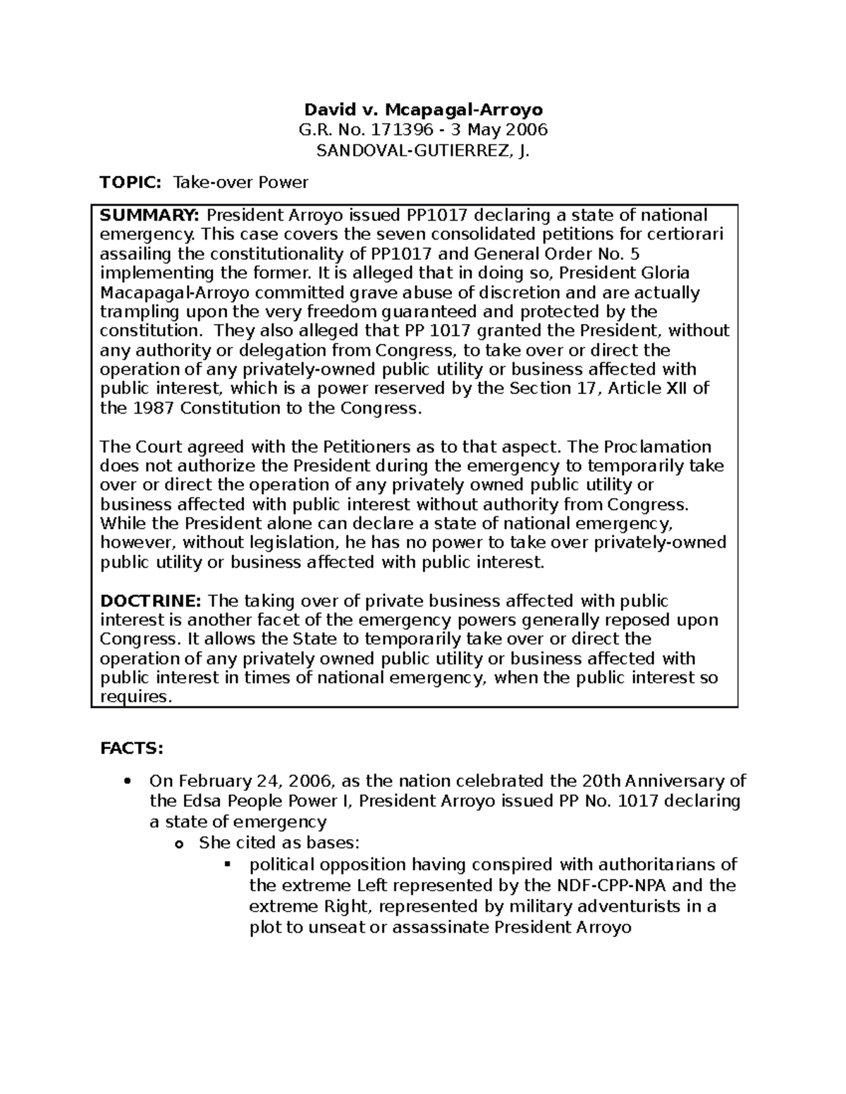 David vs Macapagal-Arroyo Case Digest - David v. Mcapagal-Arroyo G. No. 171396 - 3 May 2006 ...