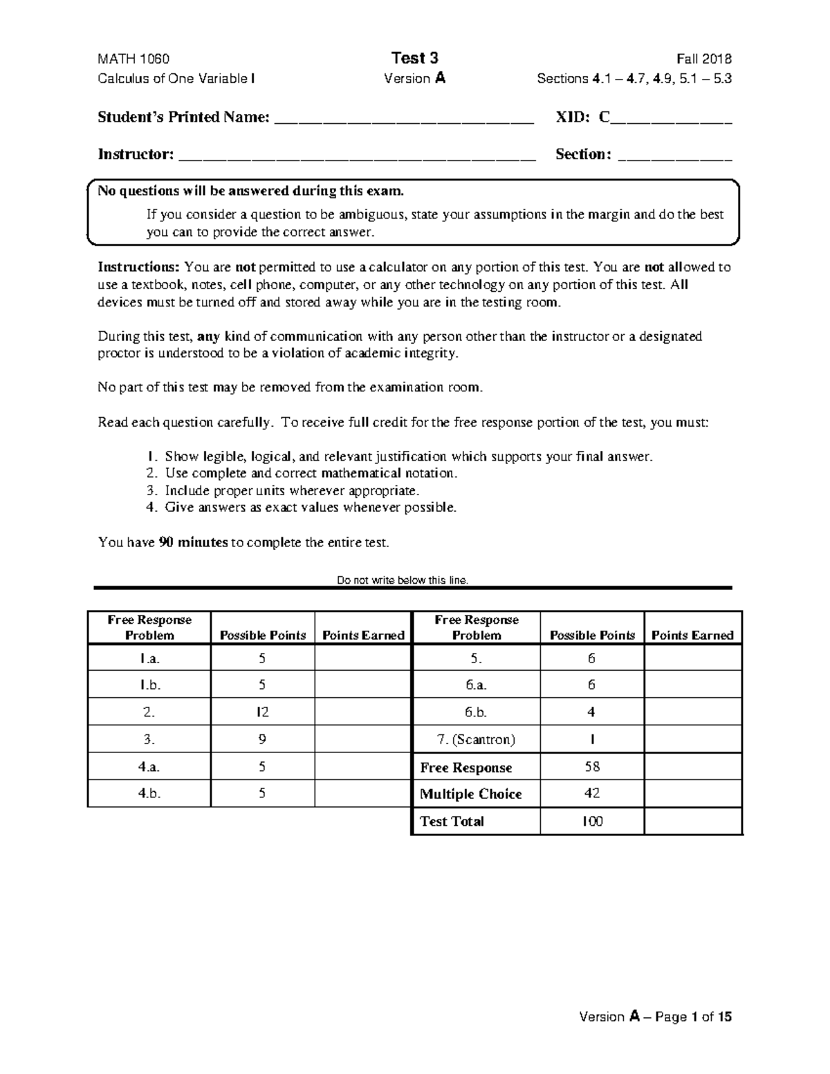 Math 1060-2018 08 test3 - Calculus of One Variable I Version A Sections ...