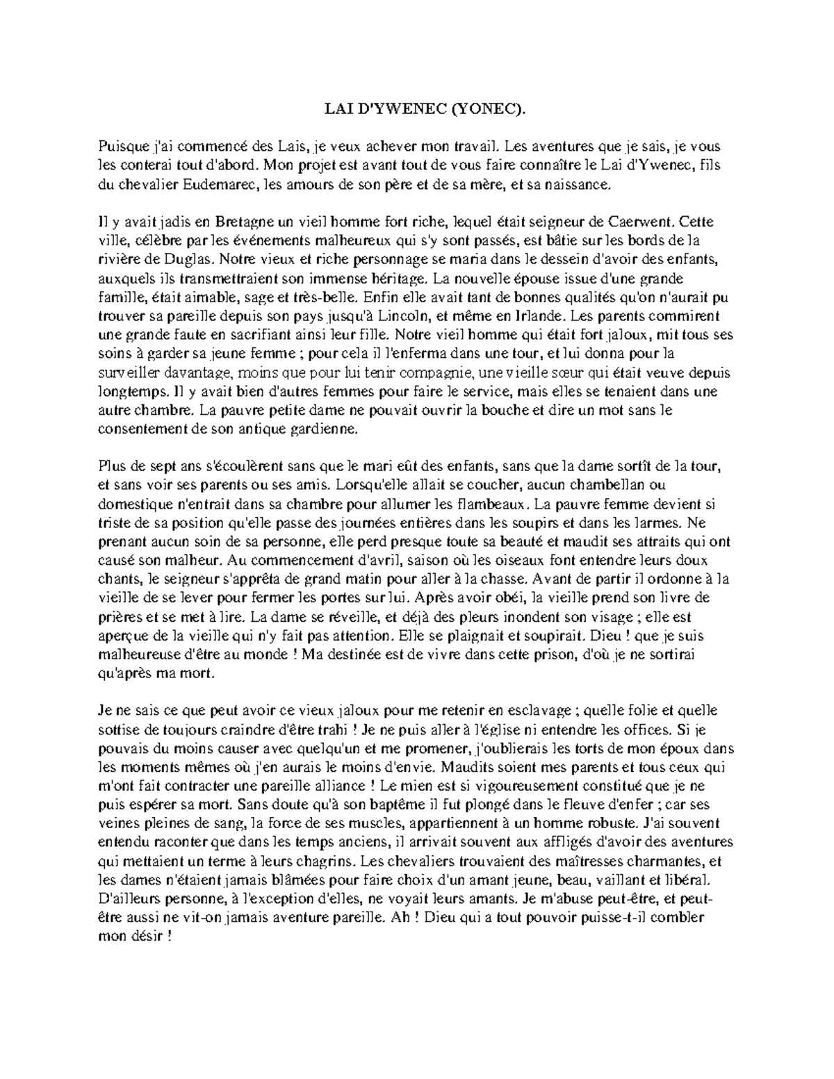 Lai d'Yonec - Lai d'Yonec - LAI D'YWENEC (YONEC). Puisque j'ai commencé ...