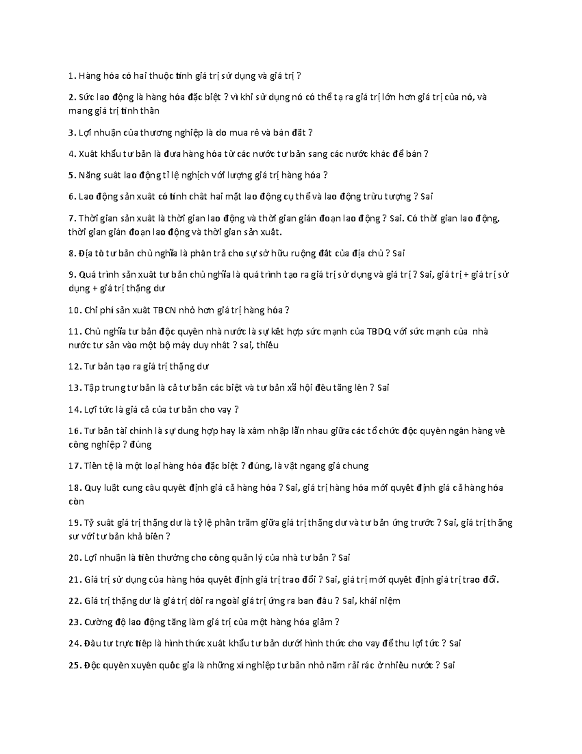 Đúng sai KTCT - Câu hỏi đúng sai kinh tế chính trị - Hàng hóa có hai thu c tnh giá tr s d ng và ...