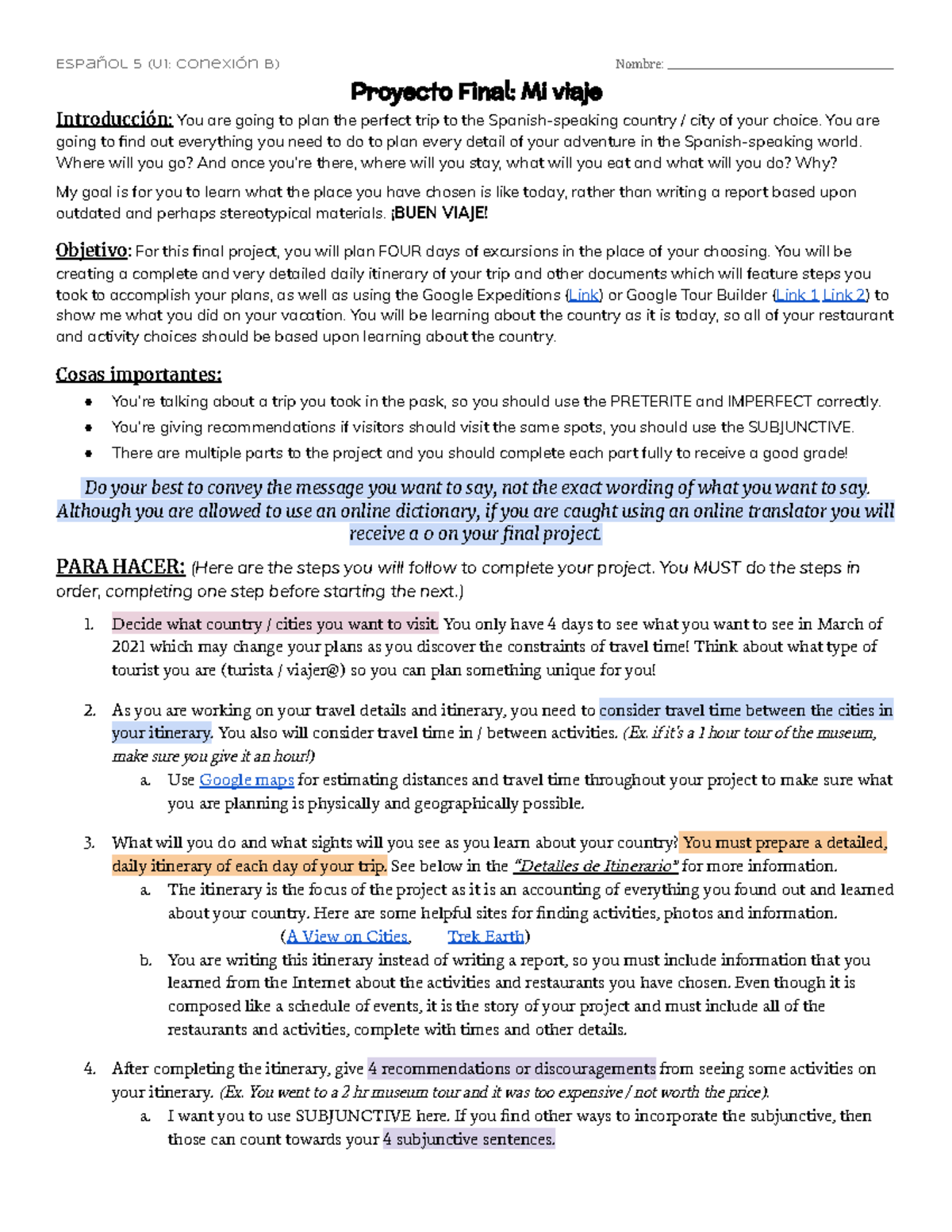 Proyecto Final - Viaje - Google Docs - ####### Español 5 (U1: conexión B) Nombre: - Studocu