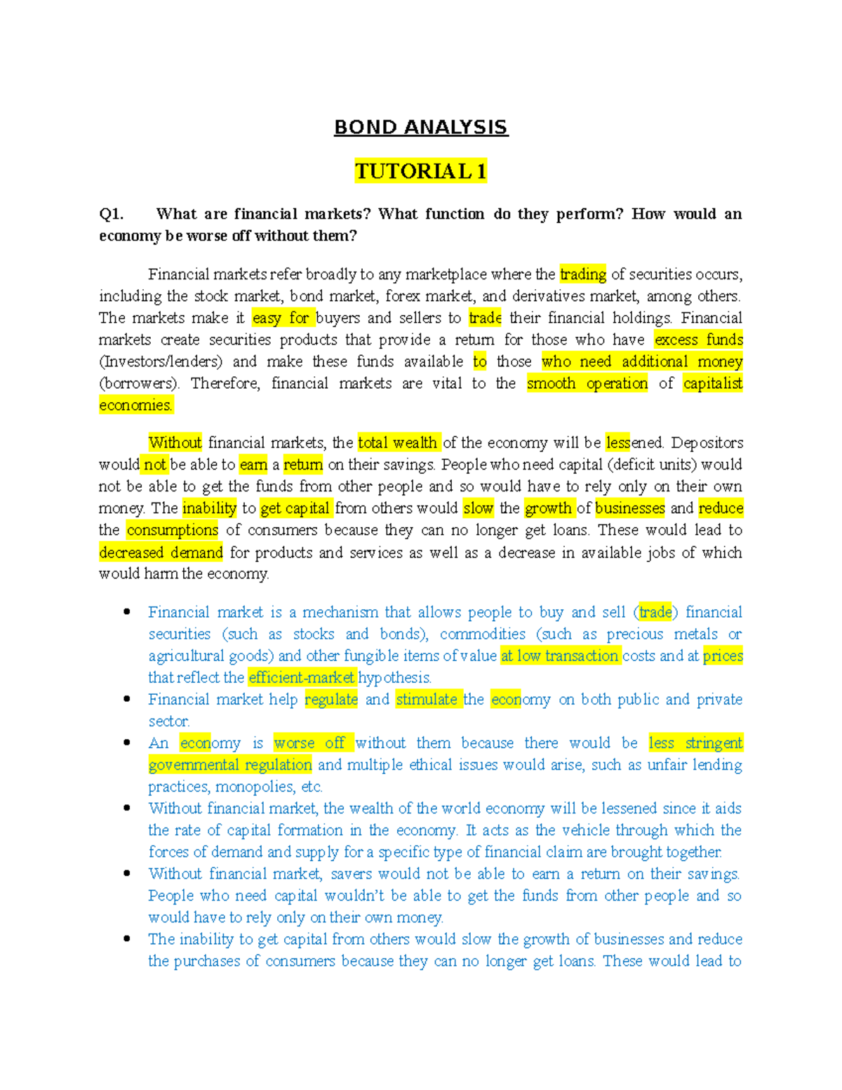 BA Tutorial - BOND ANALYSIS TUTORIAL 1 Q1. What are financial markets ...