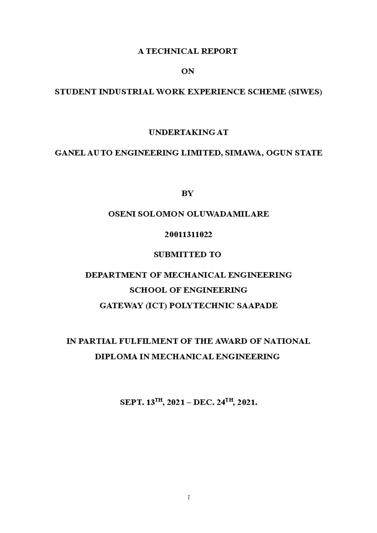 Oseni Solomon Industrial Technical Report - A TECHNICAL REPORT ON ...