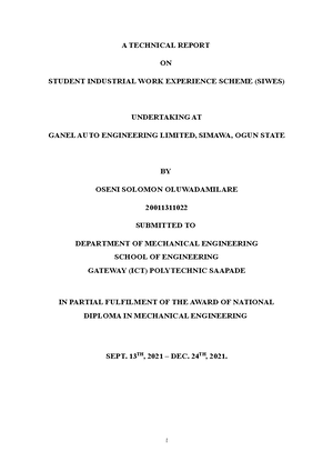 MECHANICAL ENGINEERING INDUSTRIAL TRAINING Report - REPORT ON STUDENT ...
