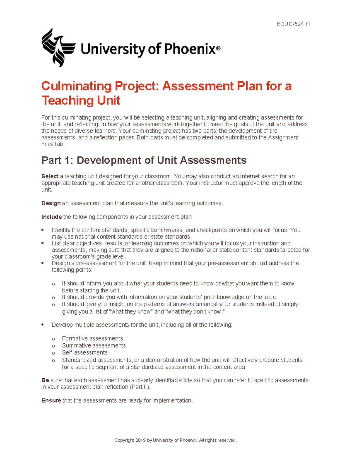 Educ524 r1 wk4 culminating project - EDUC/524 r Culminating Project: Assessment Plan for a ...