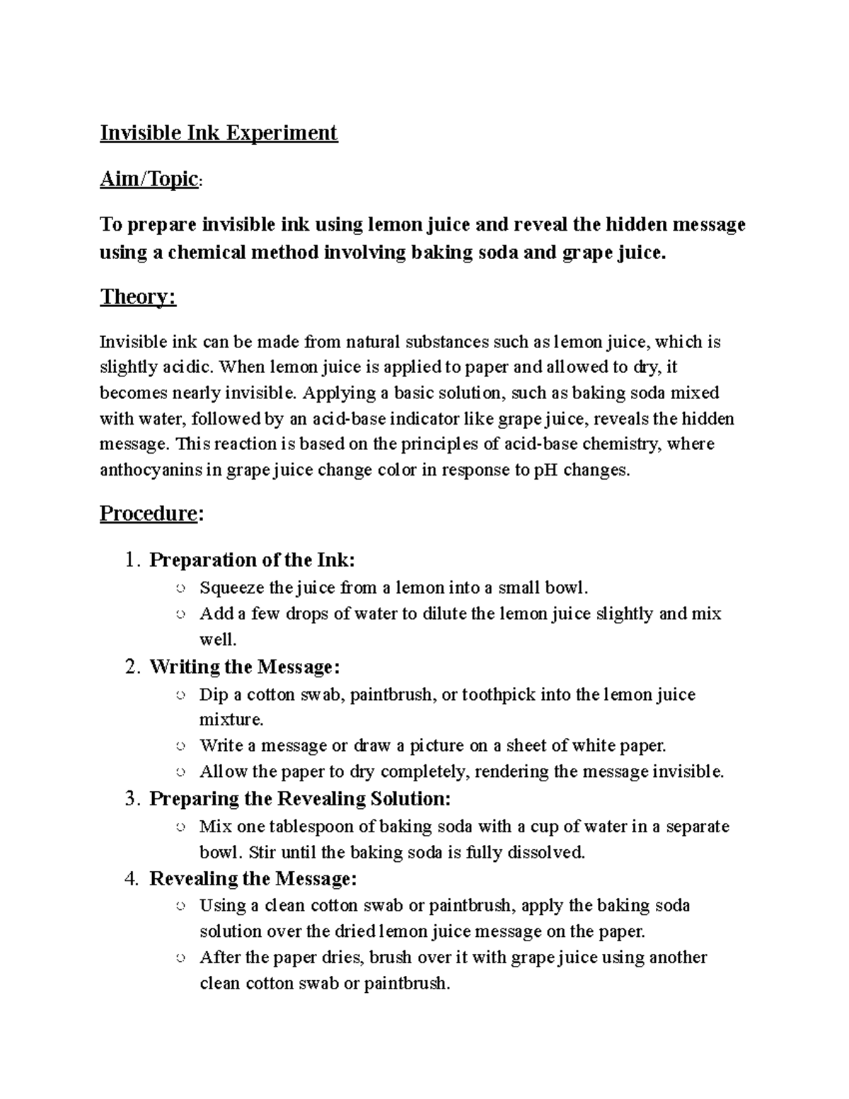 Invisible ink - some notes - Invisible Ink Experiment Aim/Topic: To ...