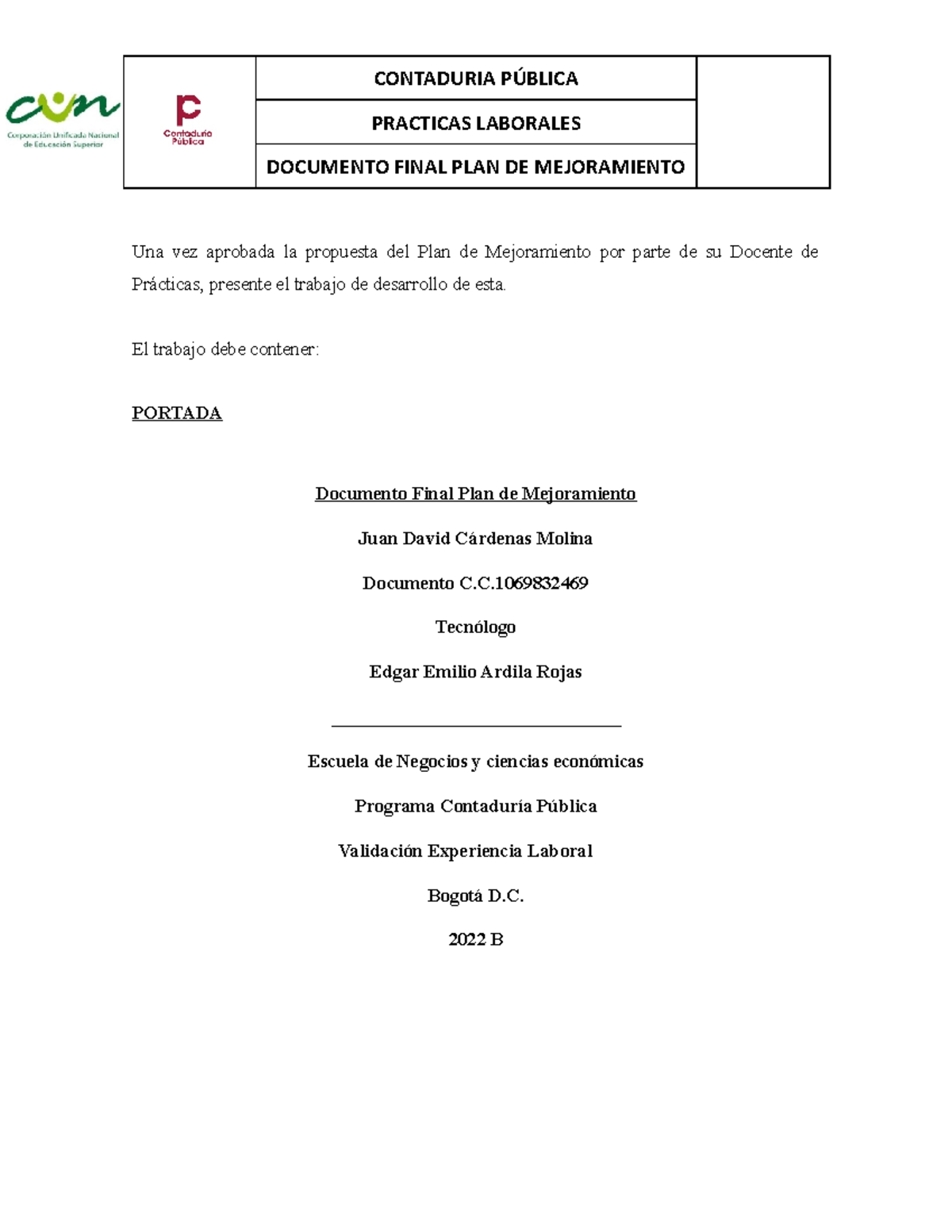 Documento Final Plan de Mejoramiento ultimo - PRACTICAS LABORALES ...
