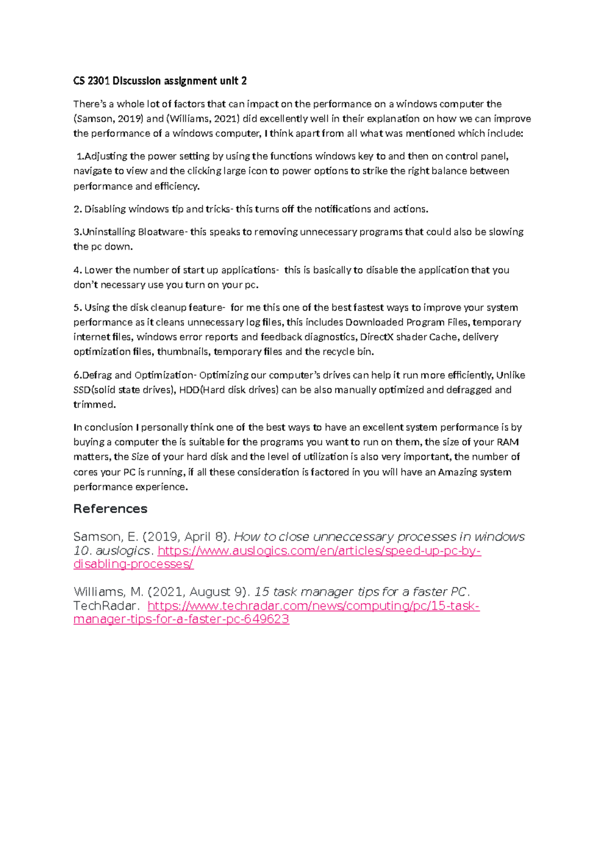 CS 2301 Discussion assignment unit 2 - 2. Disabling windows tip and tricks- this turns off the ...