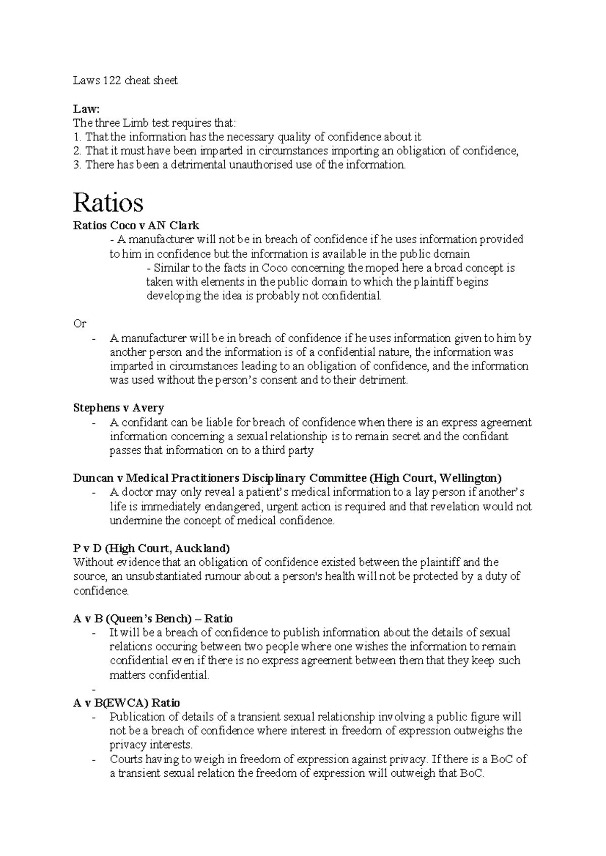 Laws 122 cheat sheet - Summary First Year Law - Laws 122 cheat sheet ...