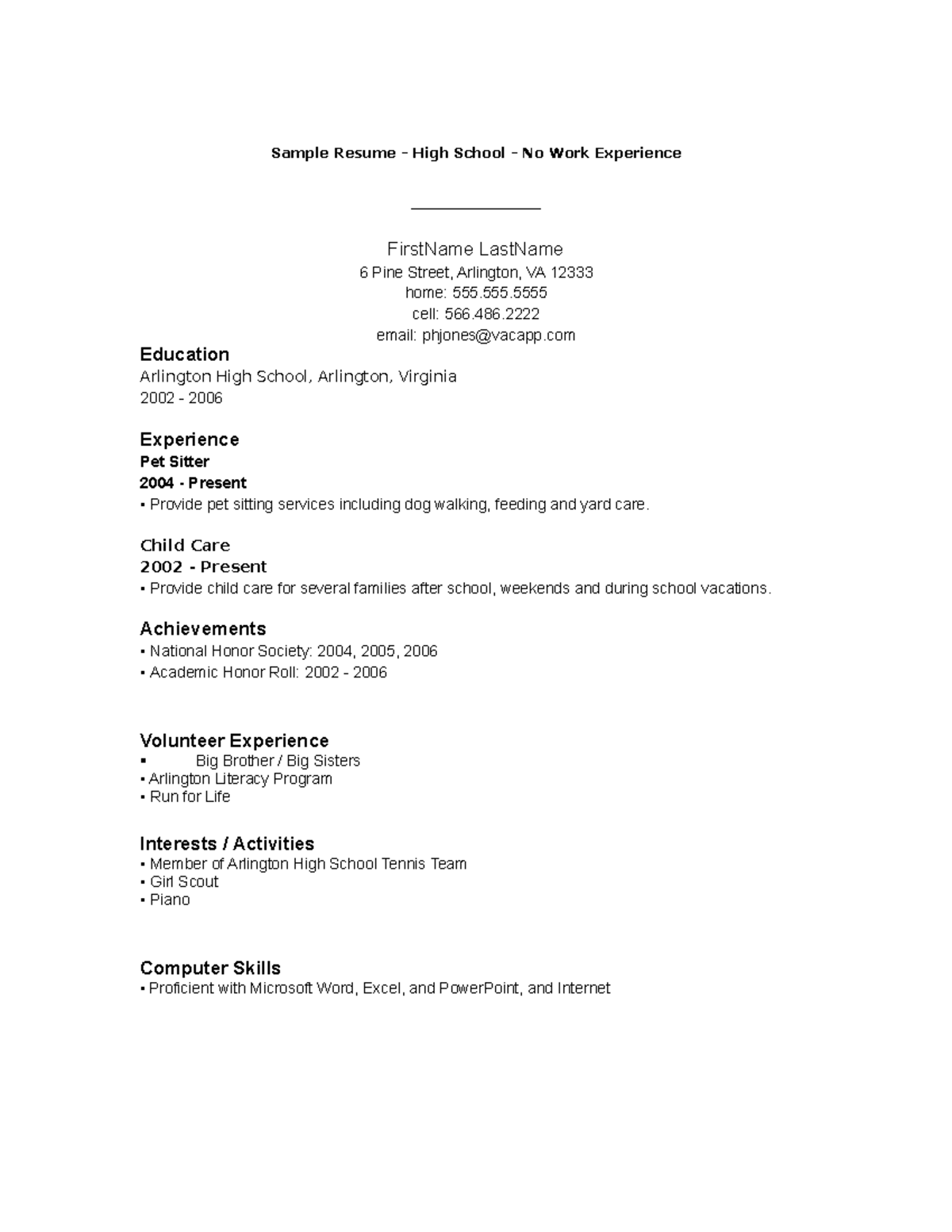 Sample Resume - No Work Experience - Sample Resume - High School - No ...
