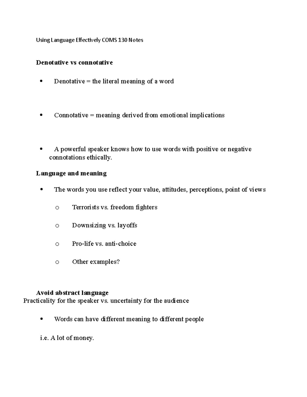 Using Language Effectively COMS 130 Notes - Language and meaning The ...