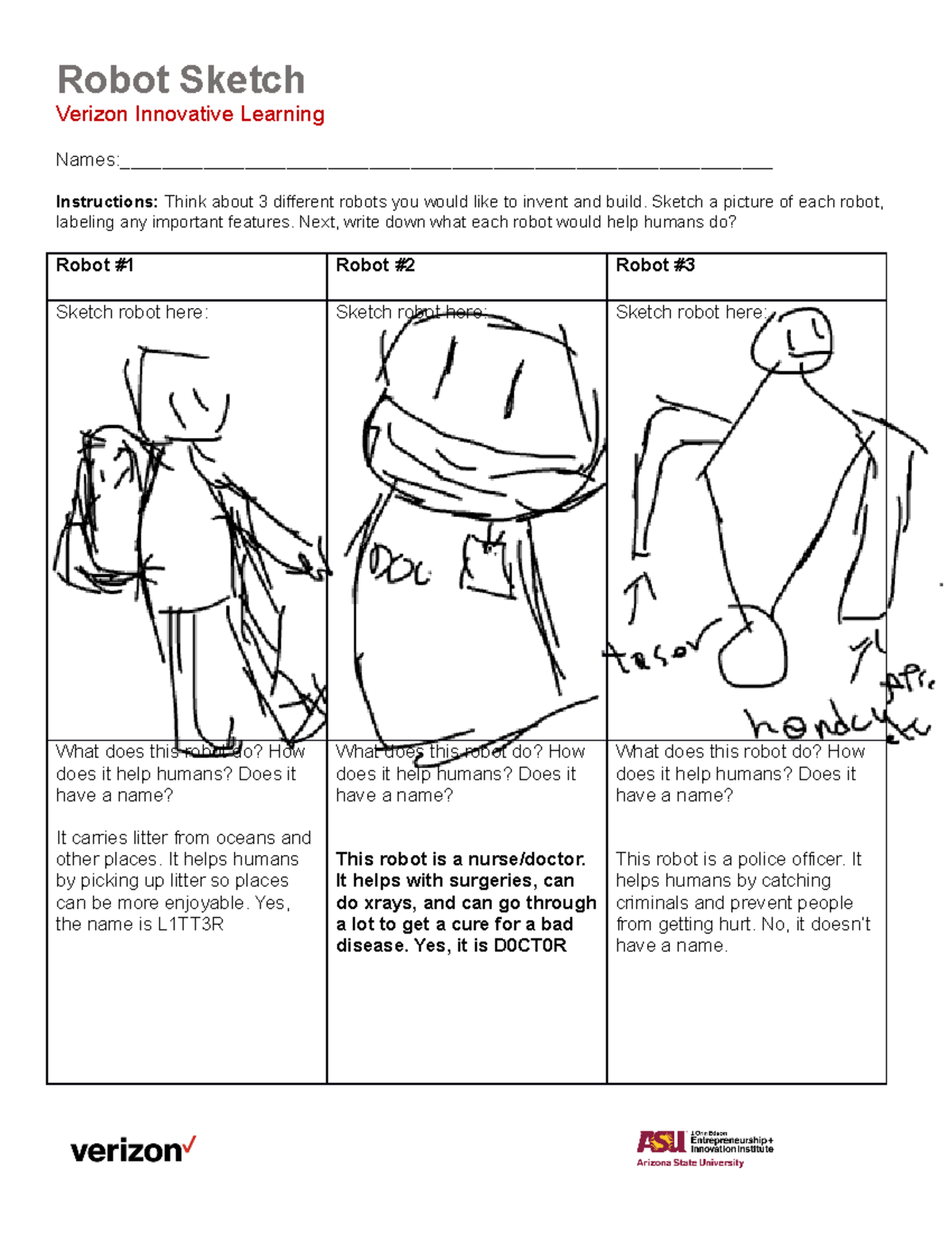 Student Worksheet Bon Voyage Robot-2 - Robot Sketch Verizon Innovative ...
