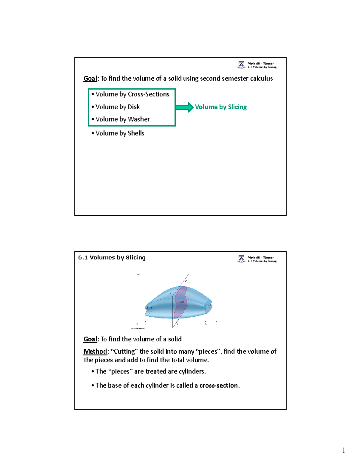 Lecture notes Chapter 1 - 8 - 6 Volumes by Slicing Goal: To find the ...