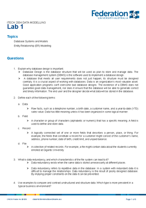 Itech 2004 01 lab - Week Lab 1 - ITECH 2004 DATA MODELLING Name: Muhammad Umar Alam ID: 30348359 ...