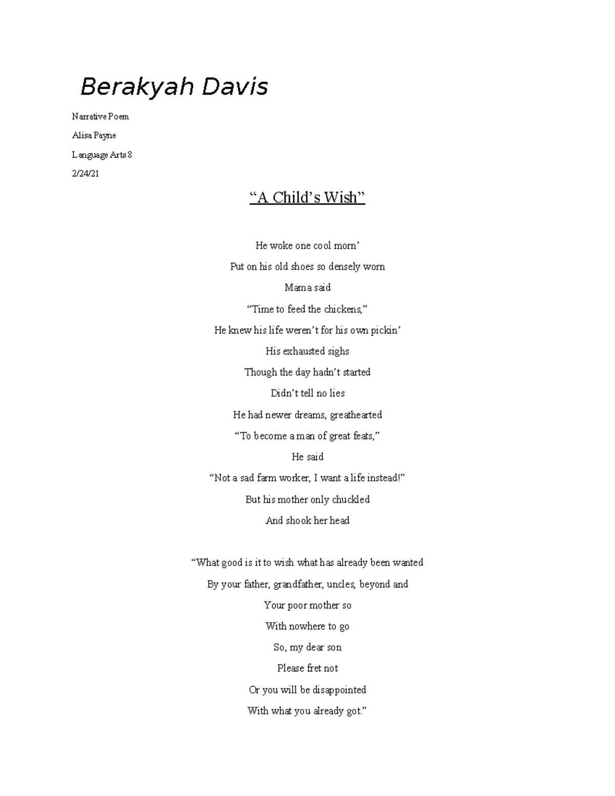A Childs Wish poem - poem - Berakyah Davis Narrative Poem Alisa Payne ...