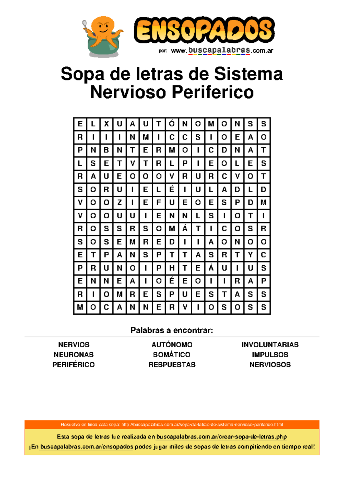 Sopa de letras de sistema nervioso periferico - Sopa de letras de ...