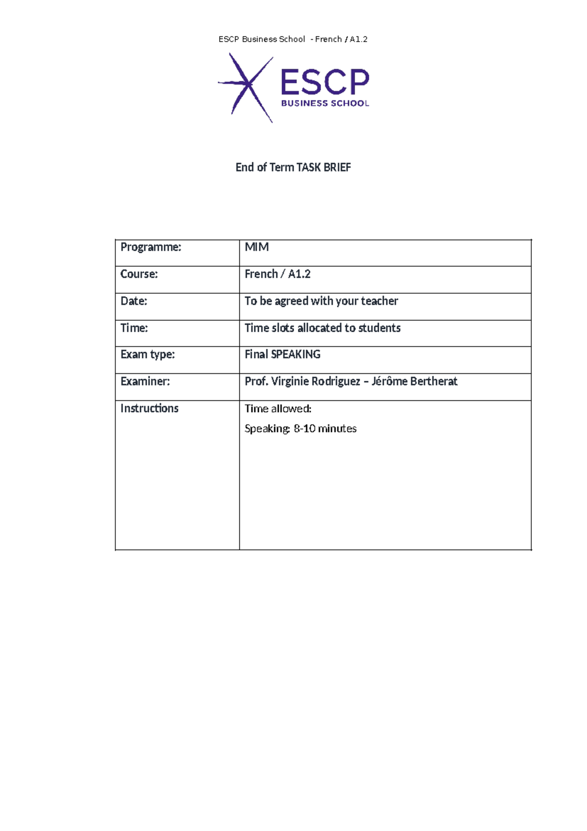 Final exam task brief speaking A1.2 April 2024 Student - End of Term ...