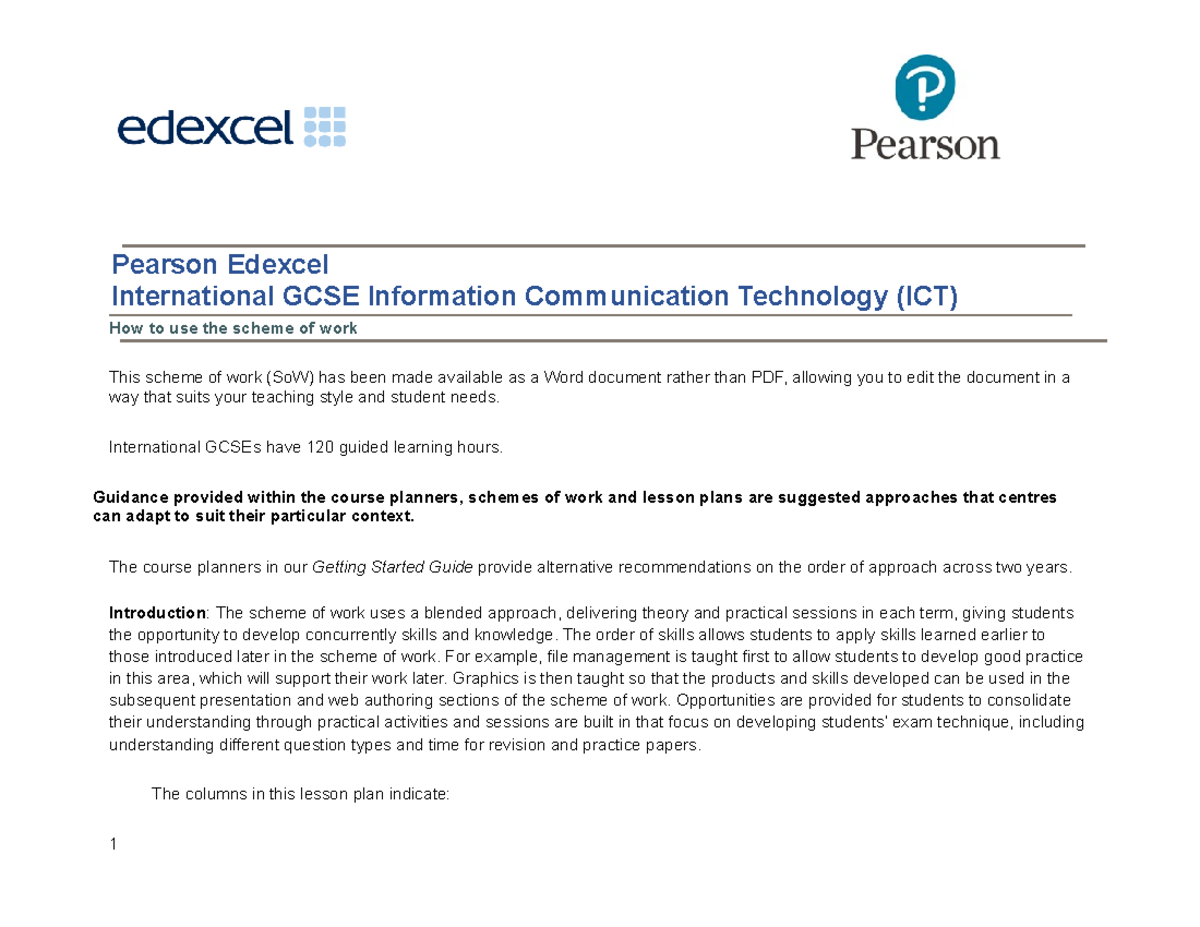 Scheme of work ICT - 1 Pearson Edexcel International GCSE Information ...