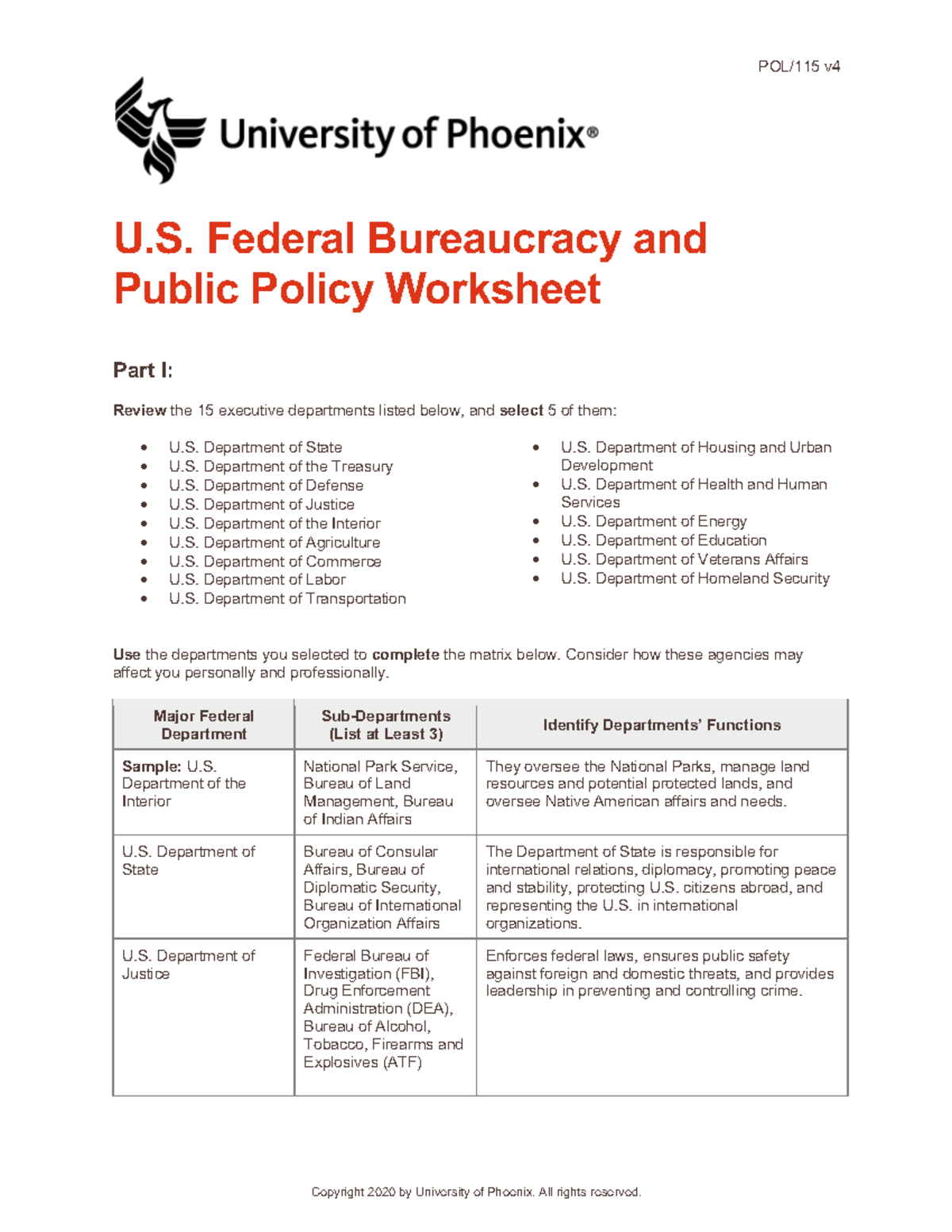 POL115 v4 wk4 U - U.S. Federal Bureaucracy and Public Policy Worksheet ...