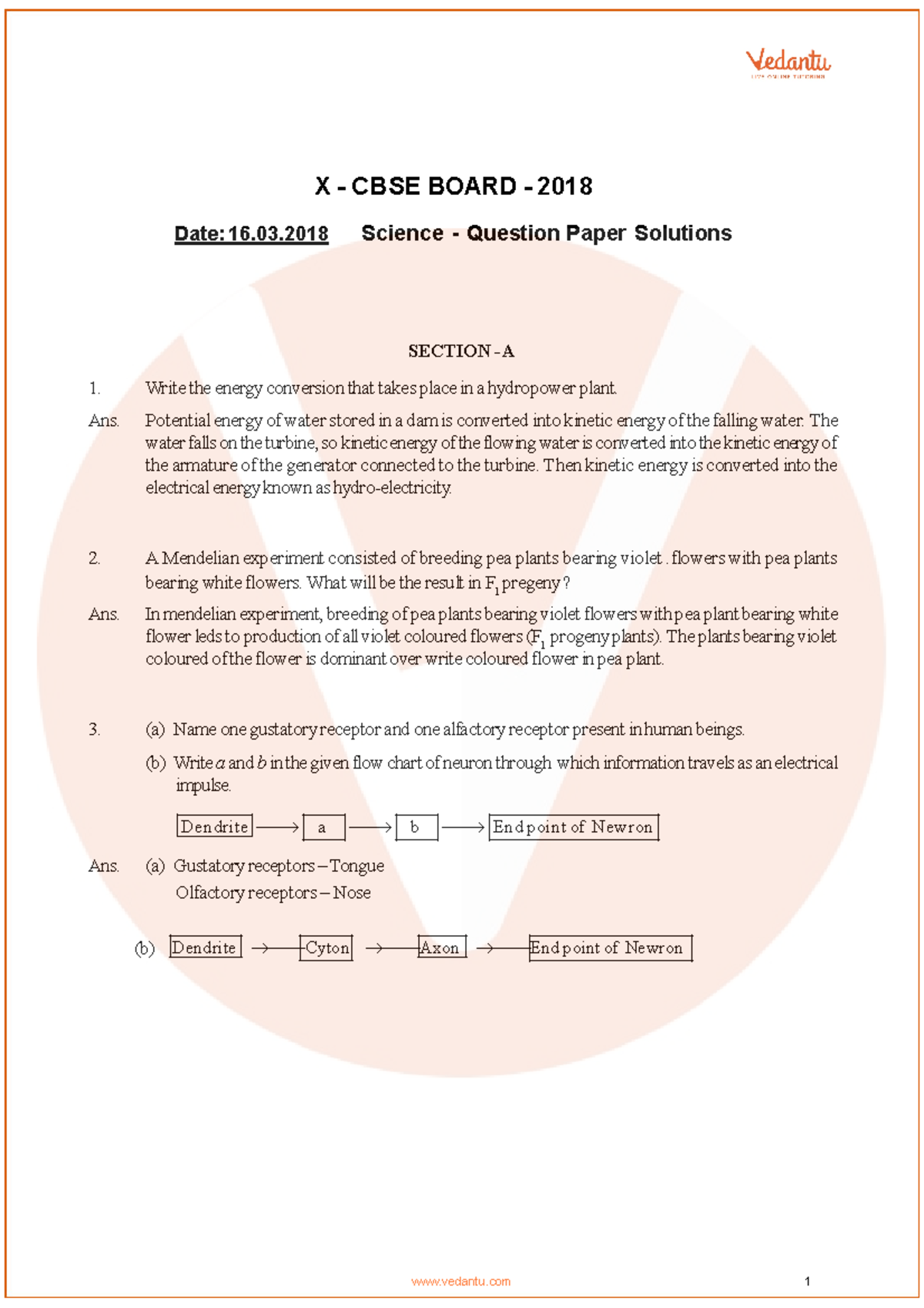 CBSE Class 10 Science 2018 - SECTION - A Write the energy conversion ...