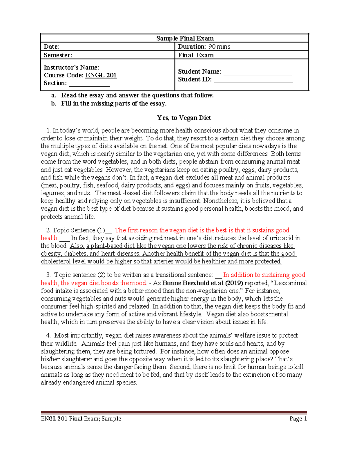 sample final exam - a. Read the essay and answer the questions that ...