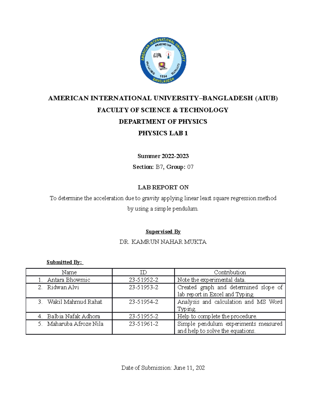 Physics 1 Lab Report Rahat and Ridwan - AMERICAN INTERNATIONAL UNIVERSITY–BANGLADESH (AIUB ...