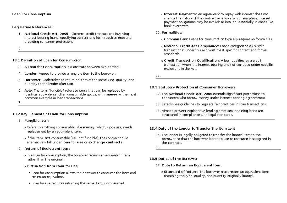 Lecture 1 - Summary Business Transactions Law - Loan For Consumption Legislative References: 1 ...