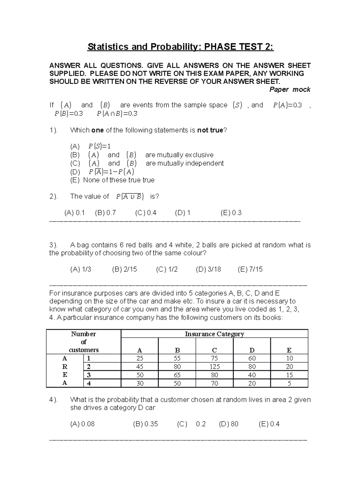 Sample/practice exam - Statistics and Probability: PHASE TEST 2: ANSWER ...