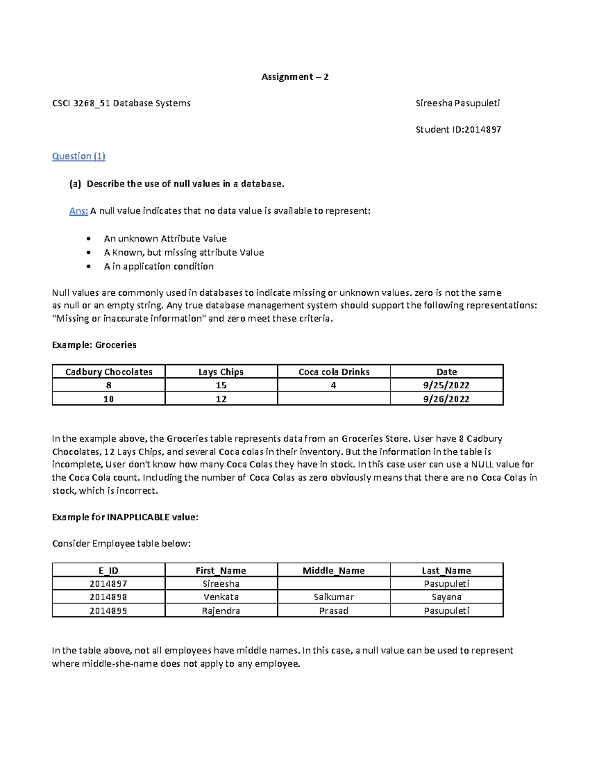 DB assignment 2 Sireesha Pasupuleti - CSCI6623 - Studocu