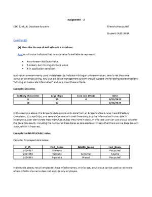 DB assignment 6 Sireesha Pasupuleti - Database Systems Assignment – 6 Name: Sireesha Pasupuleti ...