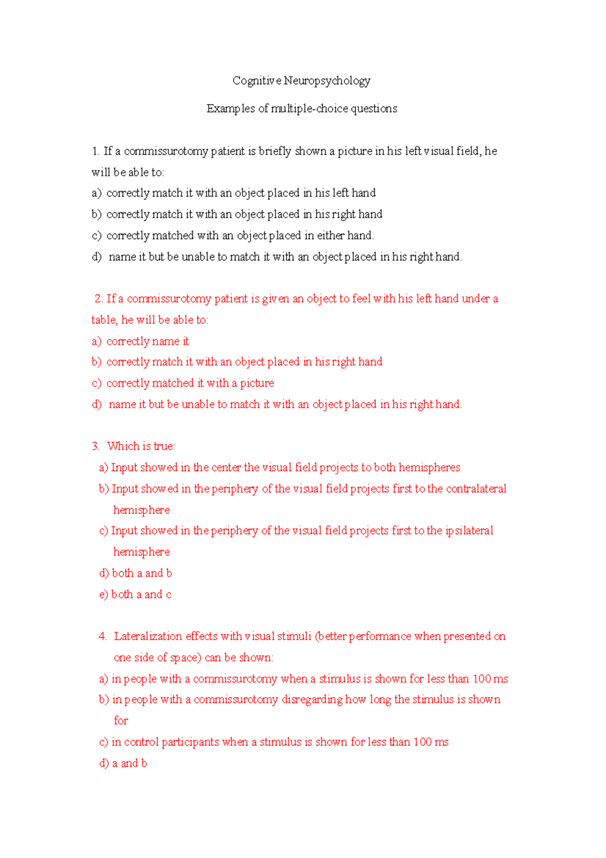 Practicequestionsromani new - Cognitive Neuropsychology Examples of ...
