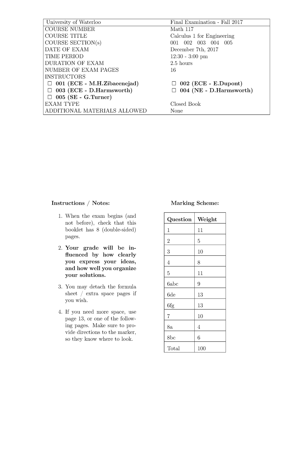 Final December 2017, questions - University of Waterloo COURSE NUMBER ...