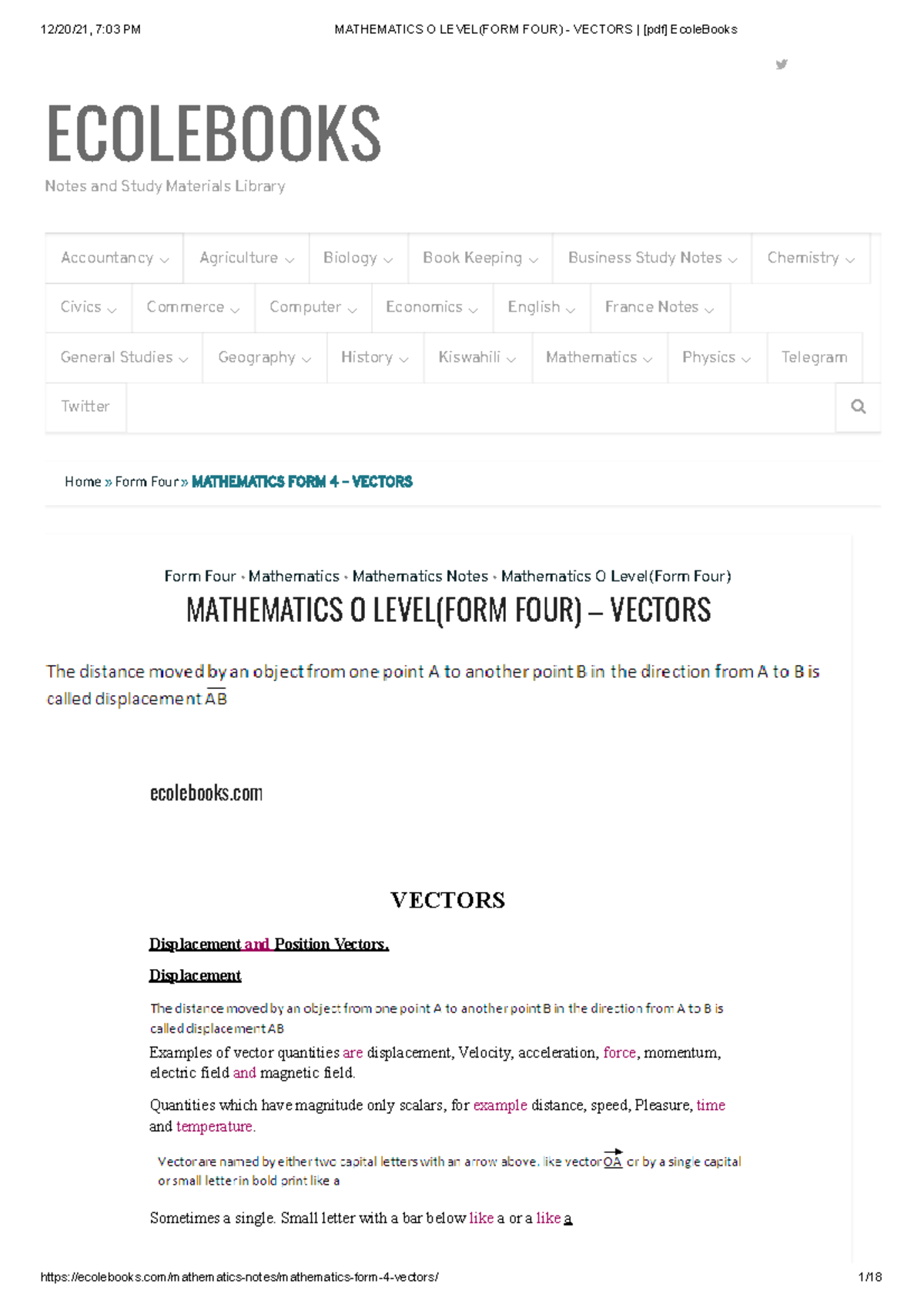 Mathematics - Vectors - Form Four • Mathematics • Mathematics Notes ...