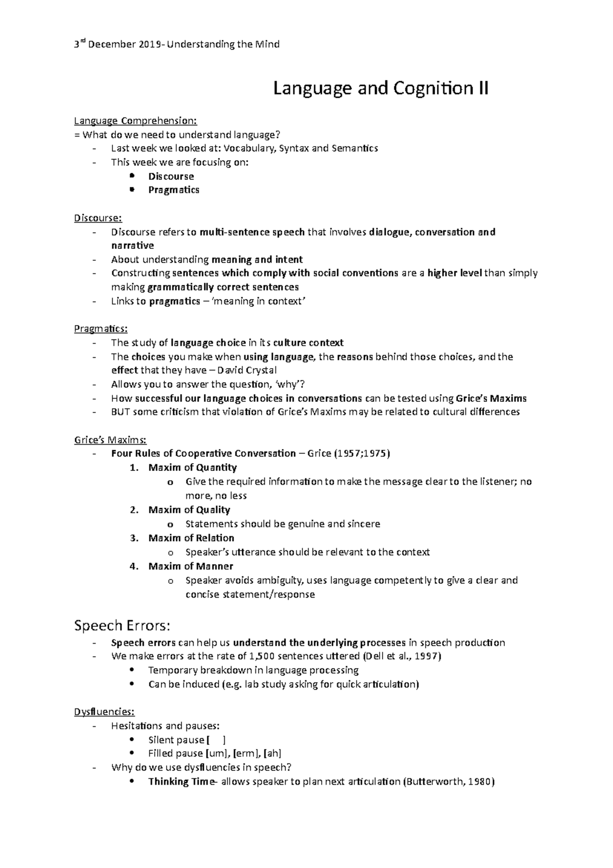 Language and Cognition II - Language and Cognition II Language ...