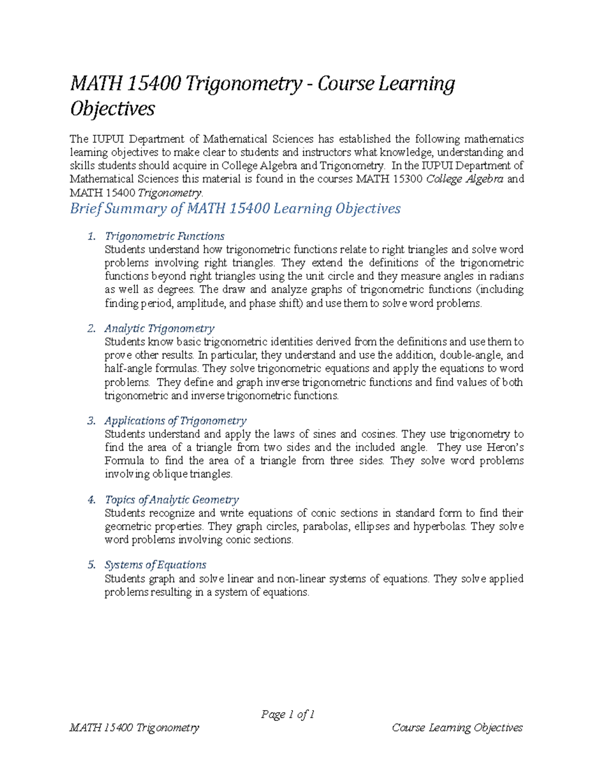 Math 15400 course learning objectives - MATH 15400 Trigonometry ...