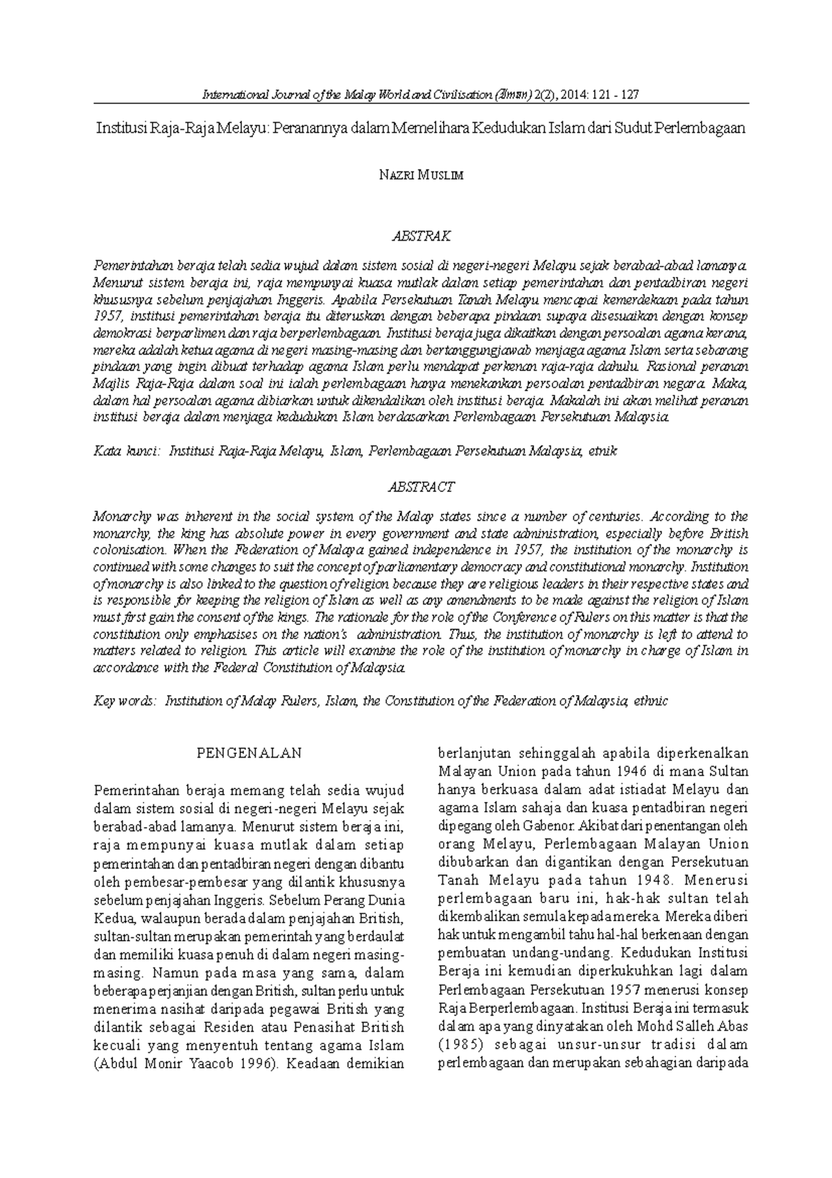 Institusi raja-raja melayu perananan - International Journal of the ...