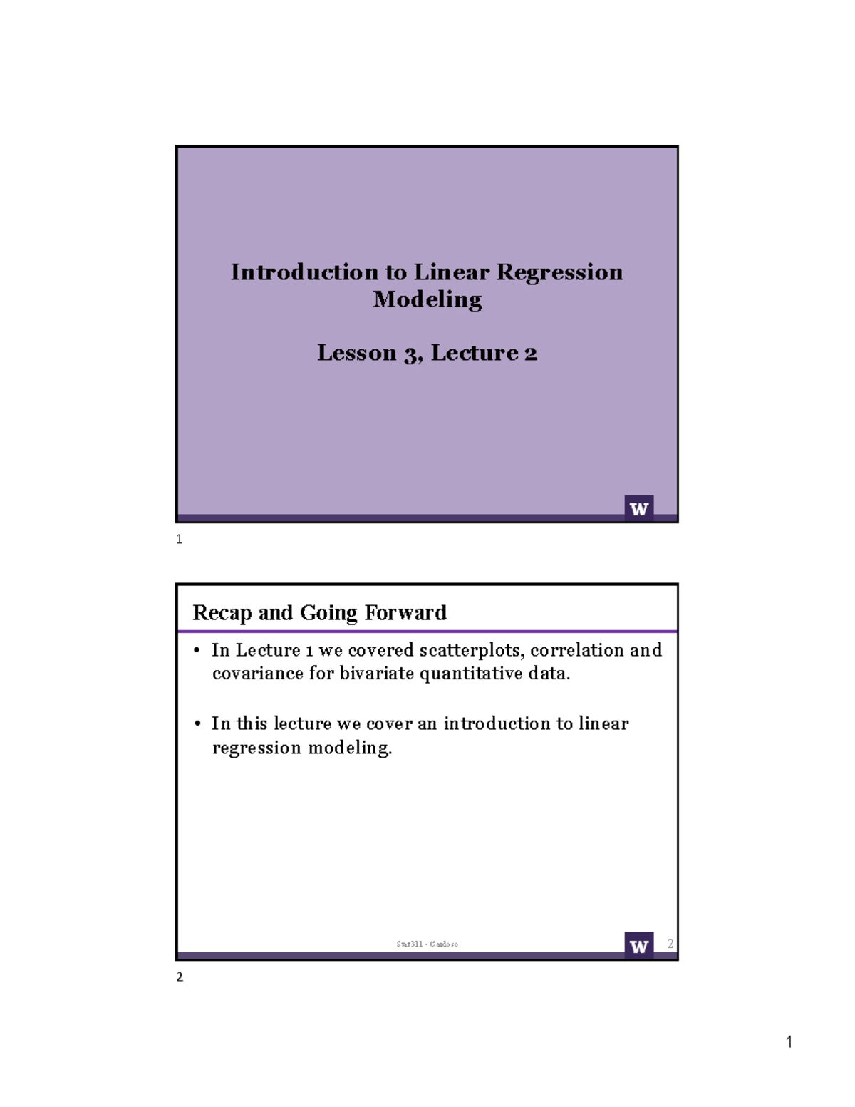 Stat311+-+Lesson 3-2New - Introduction to Linear Regression Modeling Lesson 3, Lecture 2 Recap ...