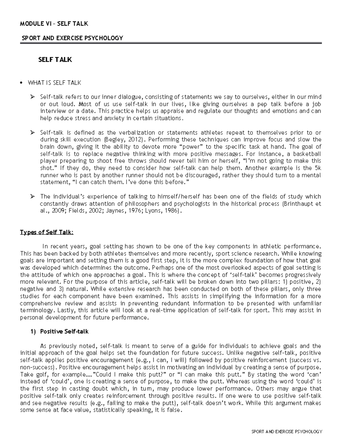 Module 6 - SELF TALK ( Sport AND Exercise Psychology) - SELF TALK ...