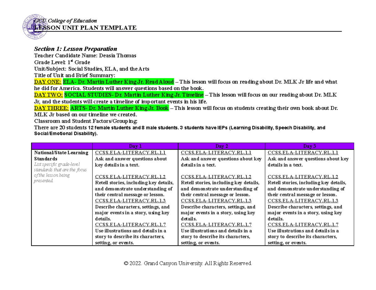 3 Day Lesson Plan ECS 450 GCU College Of Education LESSON UNIT PLAN 